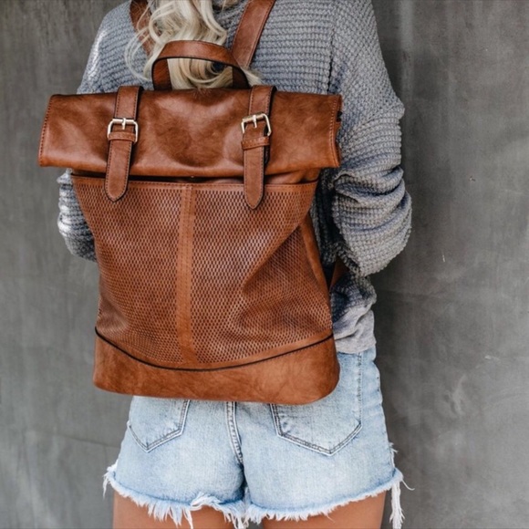 Bags | Laser Cut Brown Faux Leather Backpack | Poshmark